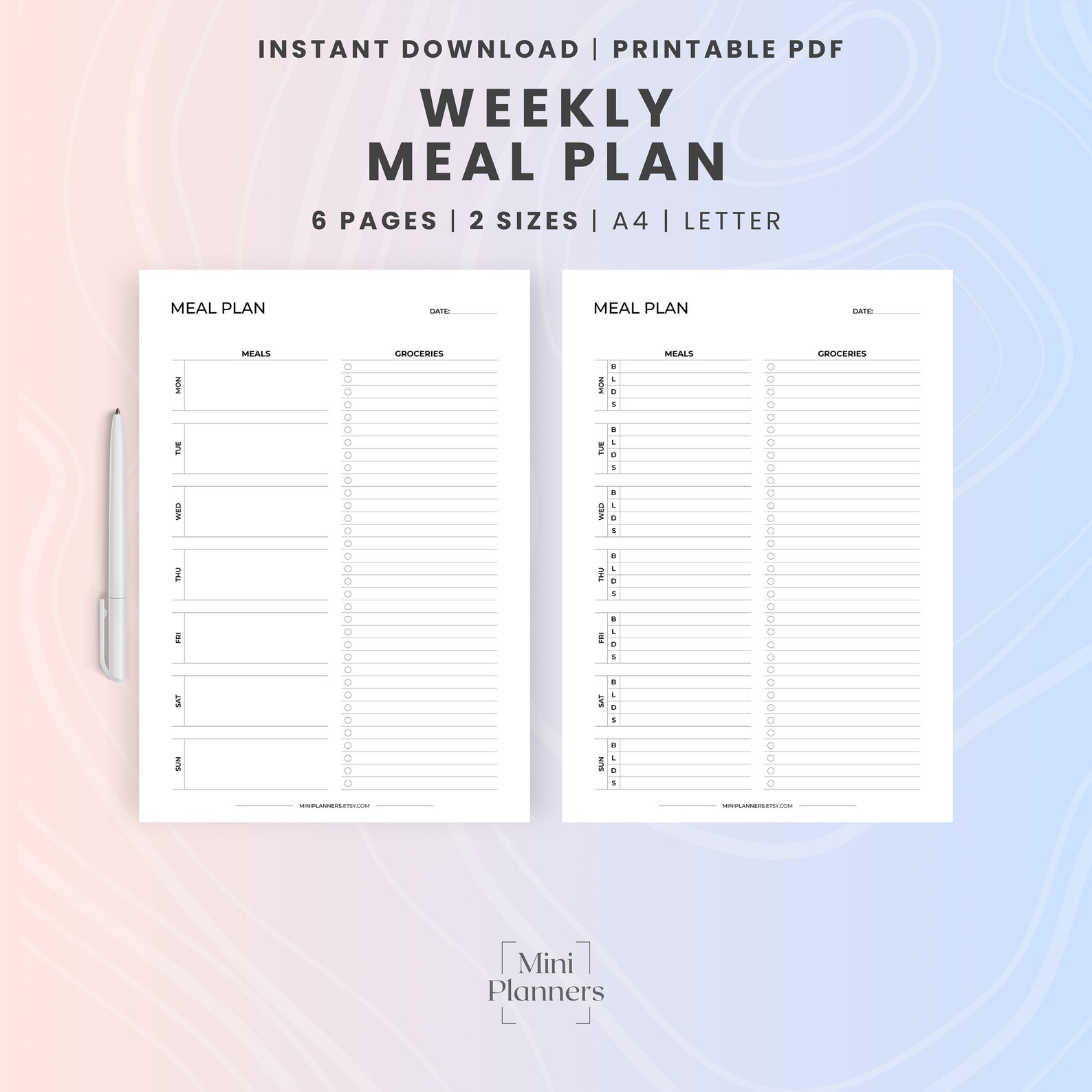 Meal Plan With Grocery List, Printable A4 Daily and Weekly Simple ...