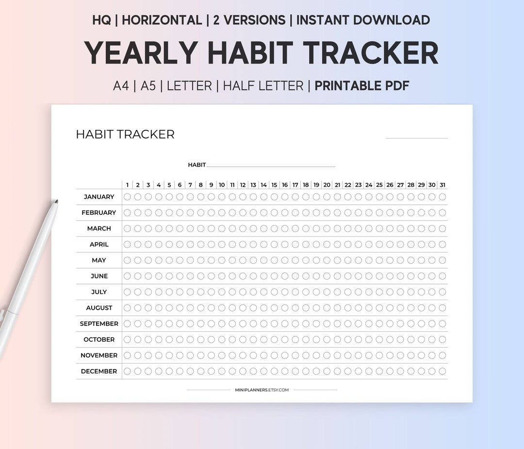 Yearly Habit Tracker Printable: Horizontal Routine Planner (instant ...