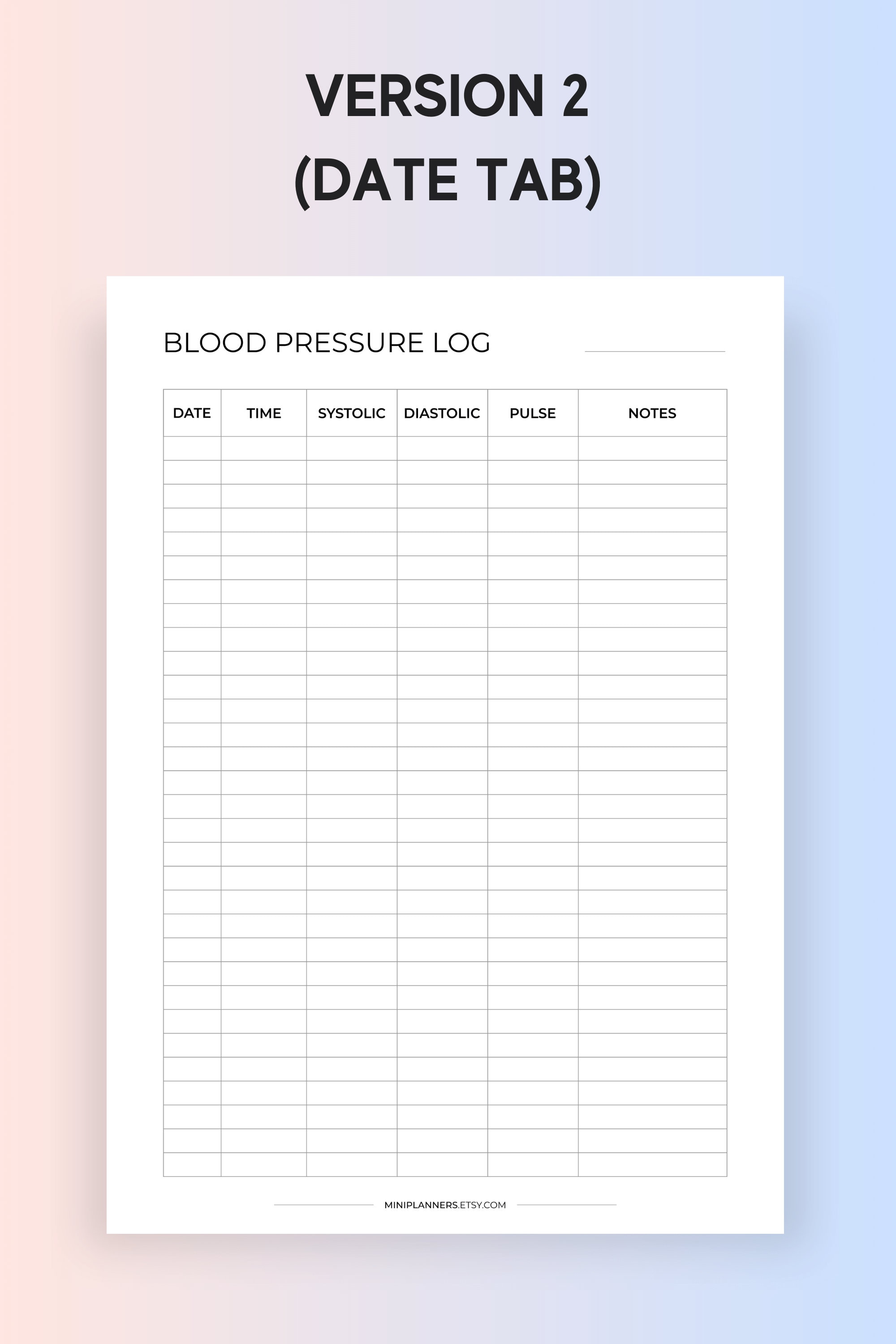 Monthly Blood Pressure Log Printable Blood Pressure Tracker PDF 30 Day ...