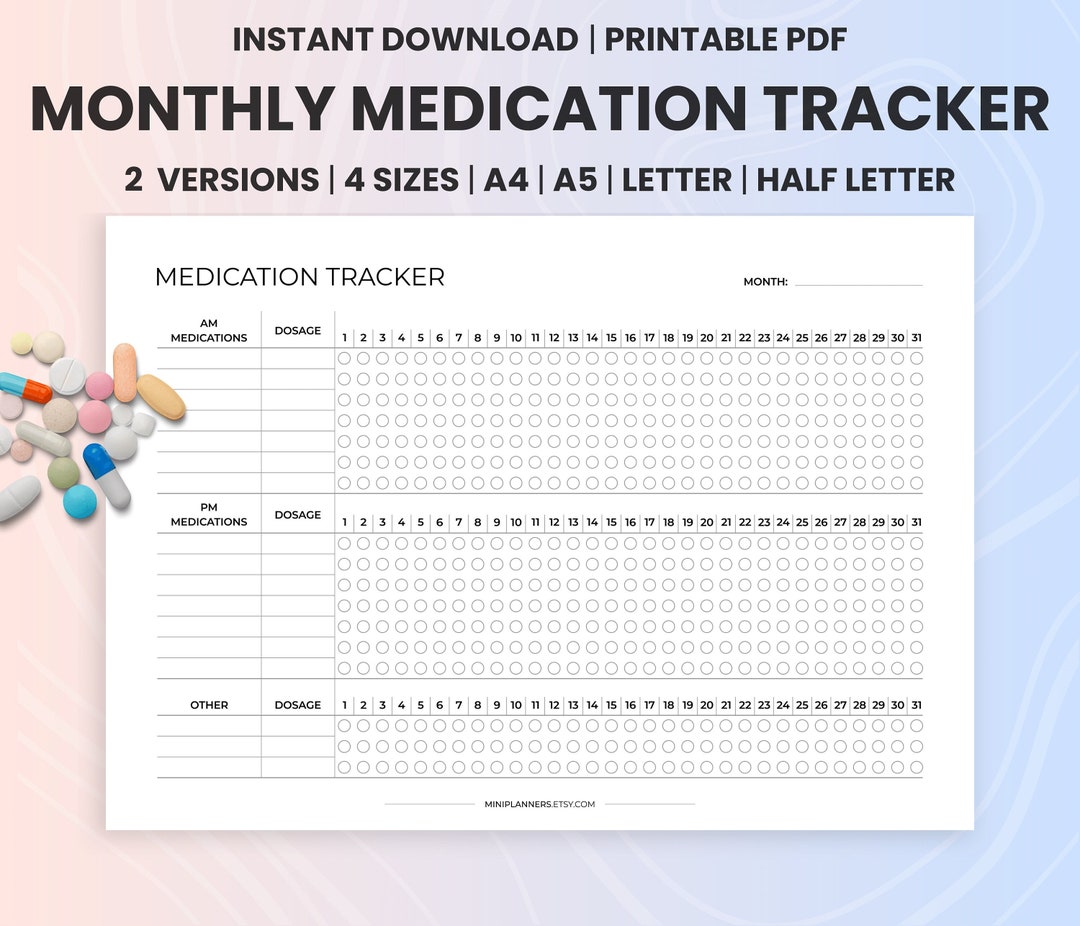 Monthly Medication Tracker, Printable Pill Reminder, Daily Medication ...