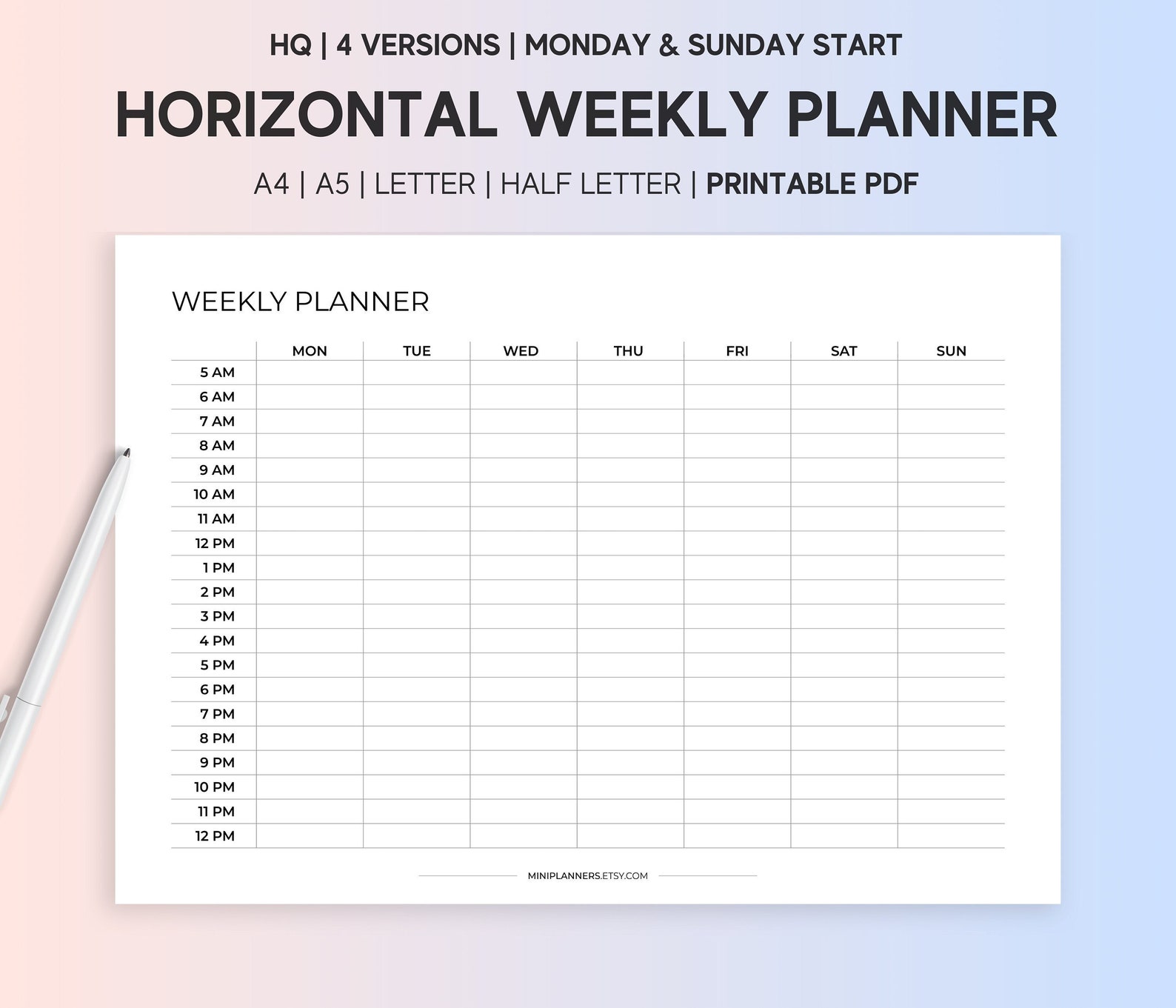 Horizontal Weekly Planner Printable, Weekly Planner by Hour, Hourly ...