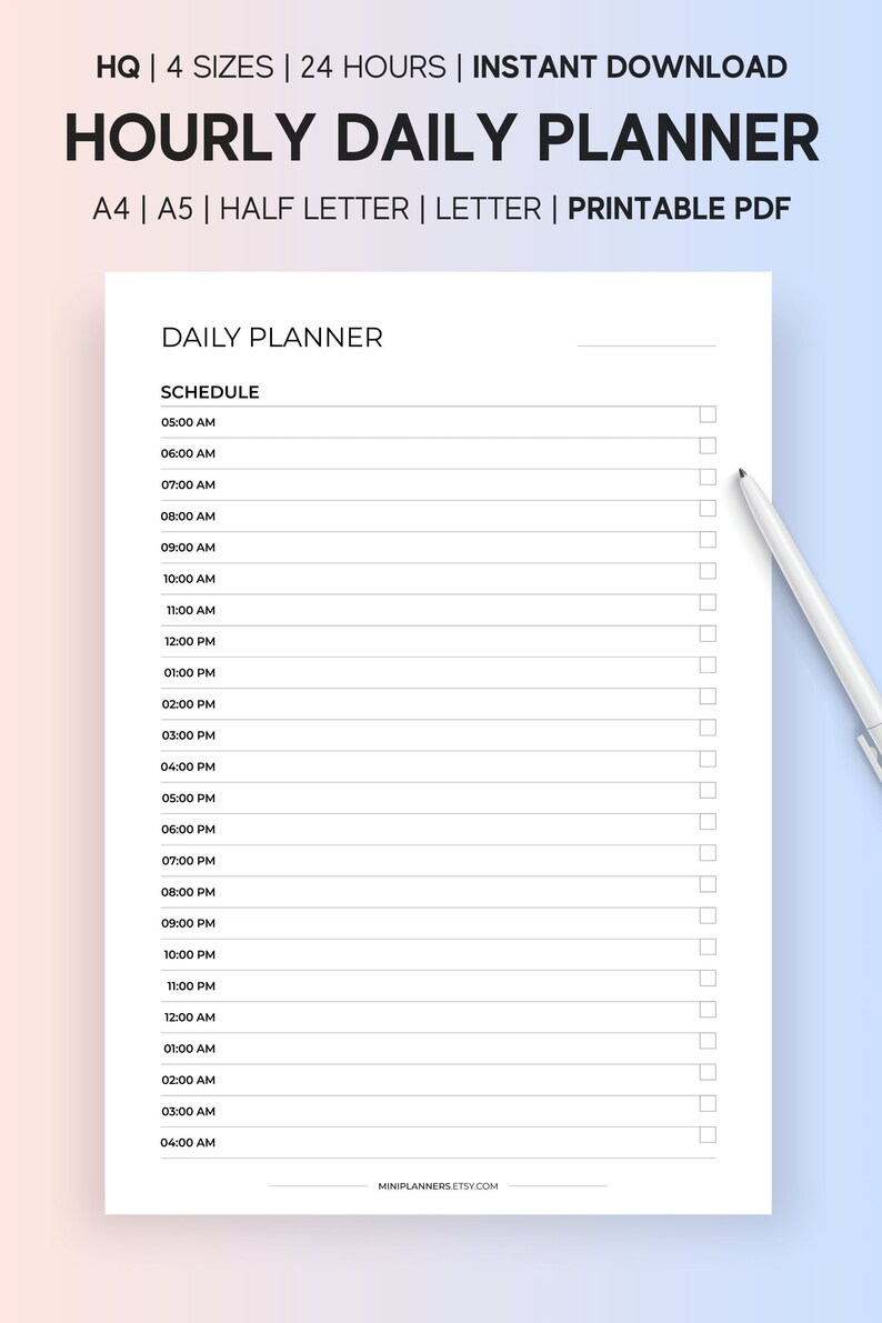 Daily Planner Printable, 24 Hourly Planner, 24hour Daily Schedule ...