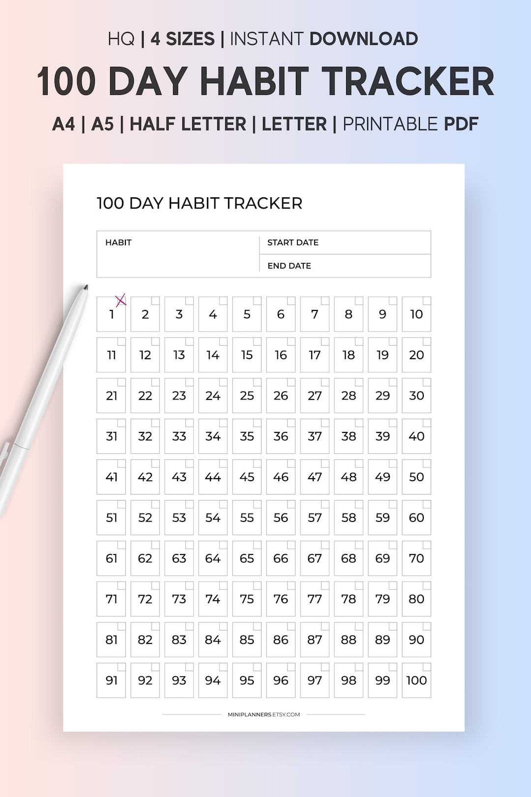 100 Day Habit Tracker, 100 Day Challenge, 100 Days Count Down, Habit ...