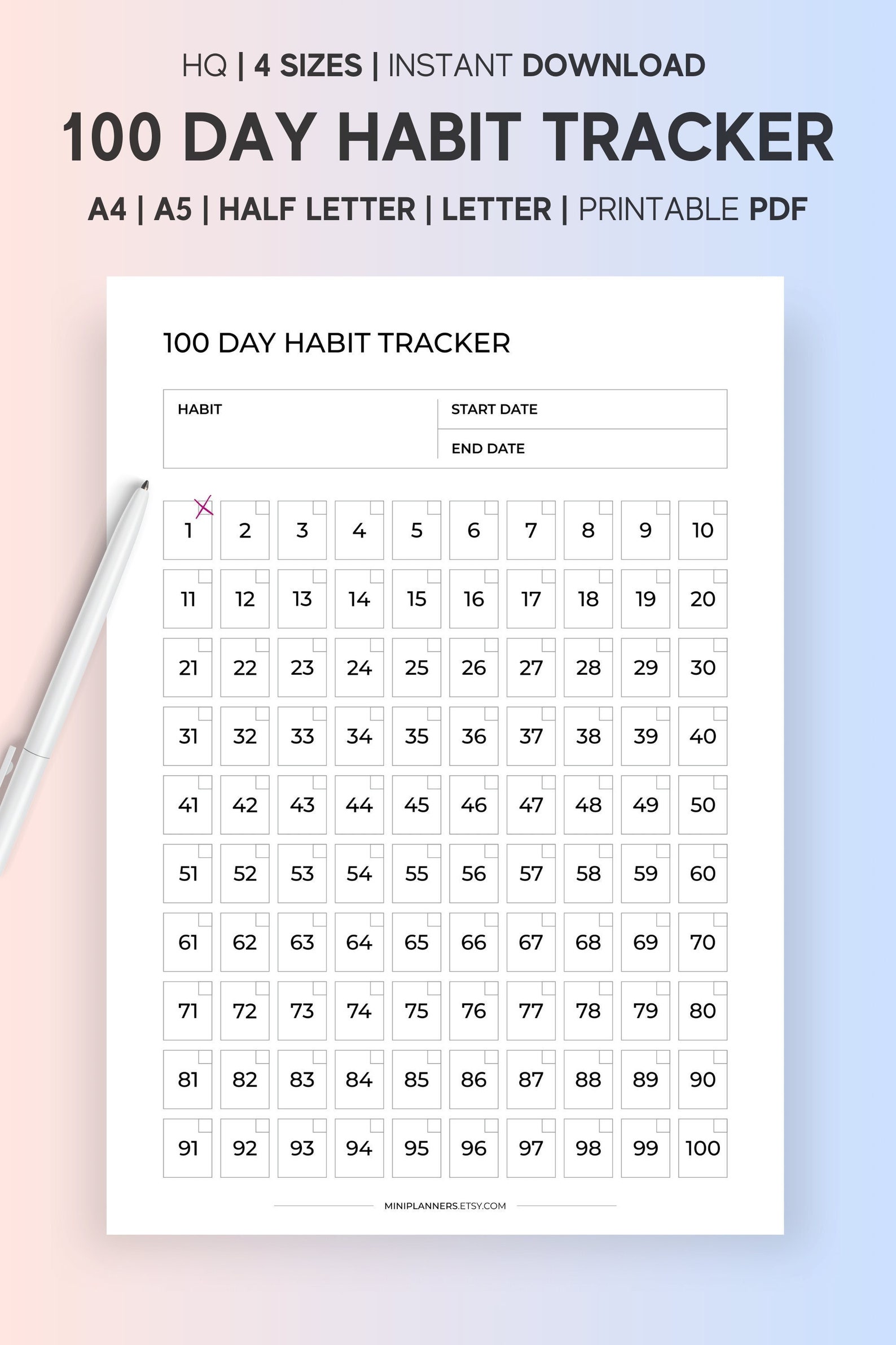 100 Day Habit Tracker, 100 Day Challenge, 100 Days Count Down, Habit ...