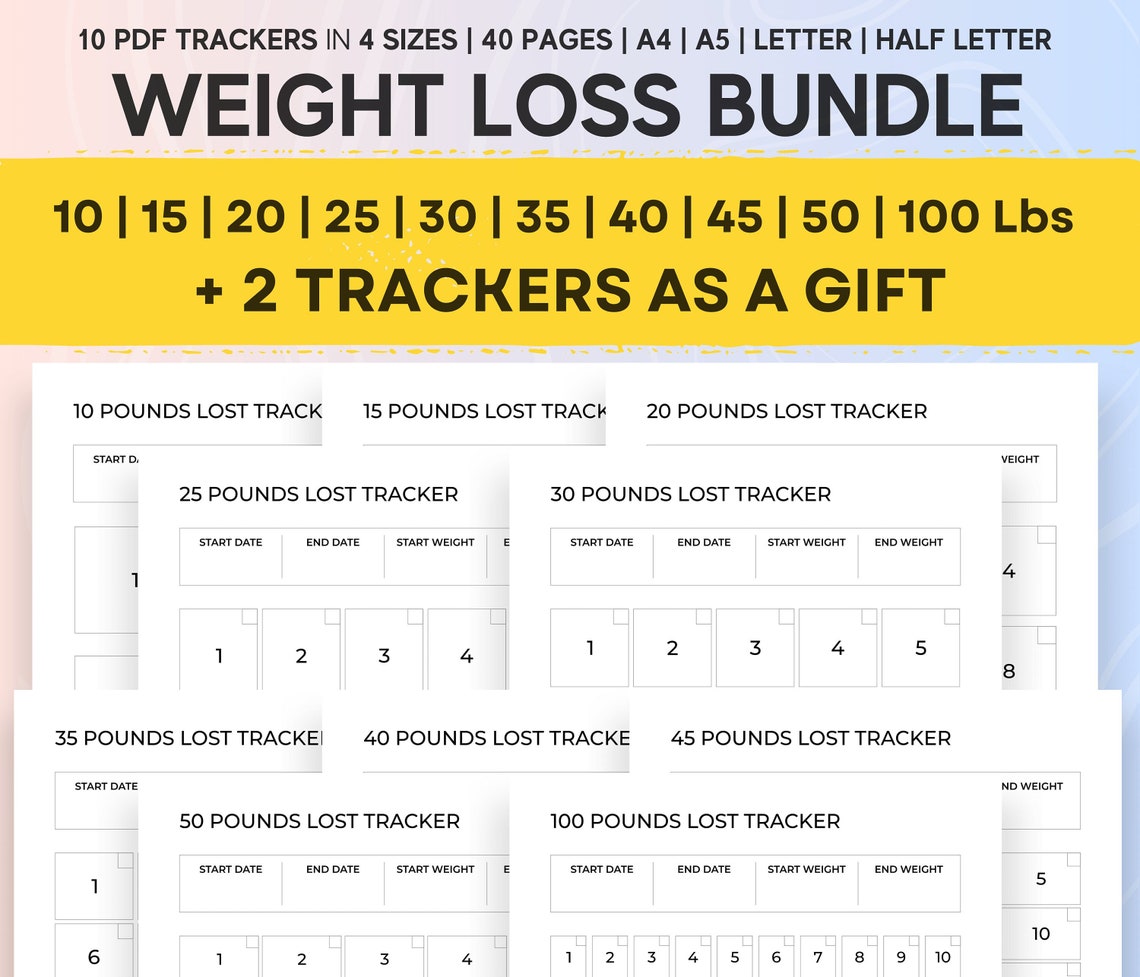 Weight Loss Bundle Printable, Achieve Your Goals Lose 10, 20, 30, 40, 50 or 100 Lbs Challenge ...