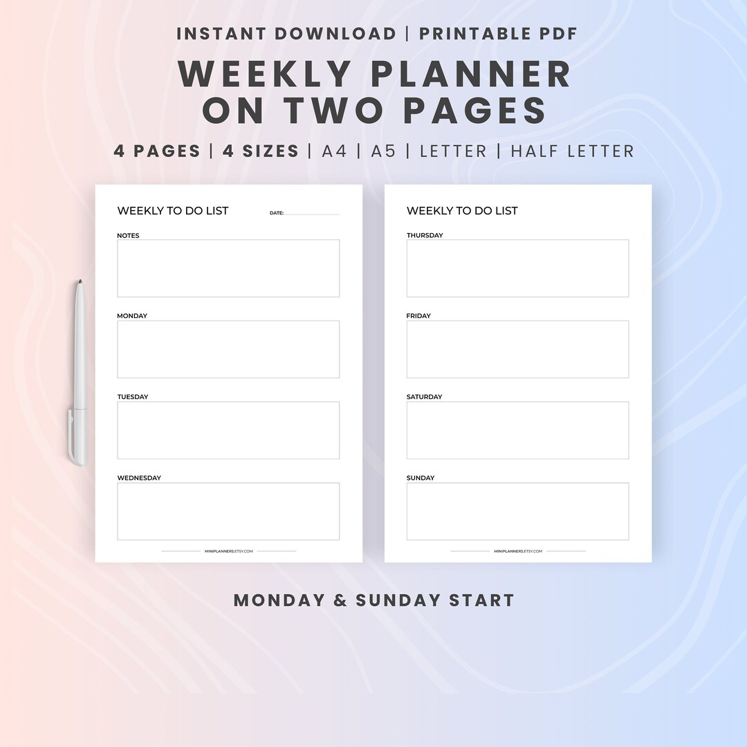 Weekly to Do List, Printable To-do List on Two Pages, Daily Weekly ...