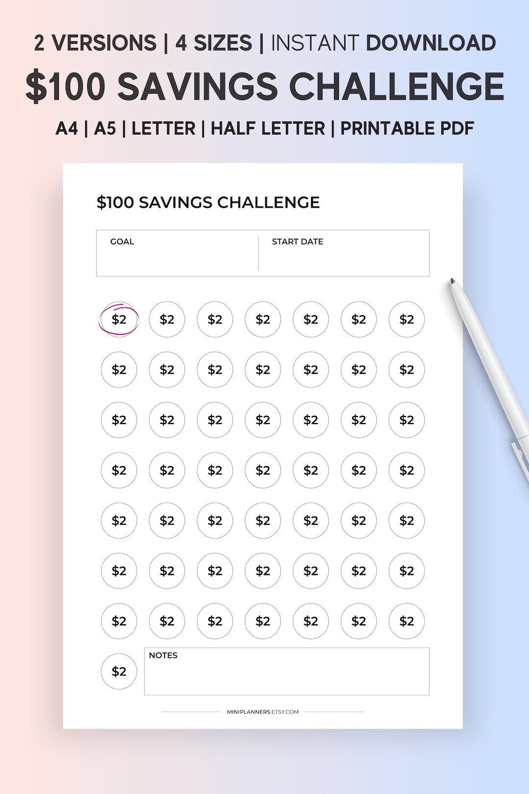 100 Dollar Savings Challenge, 50 Day Savings Challenge, Low Income ...
