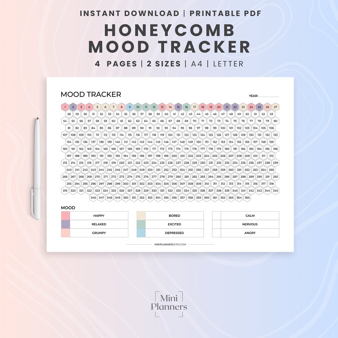 Yearly Simple Mood Tracker Printable Template, Honeycomb Mood Chart ...