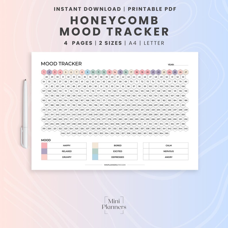 Yearly Simple Mood Tracker Printable Template, Honeycomb Mood Chart ...