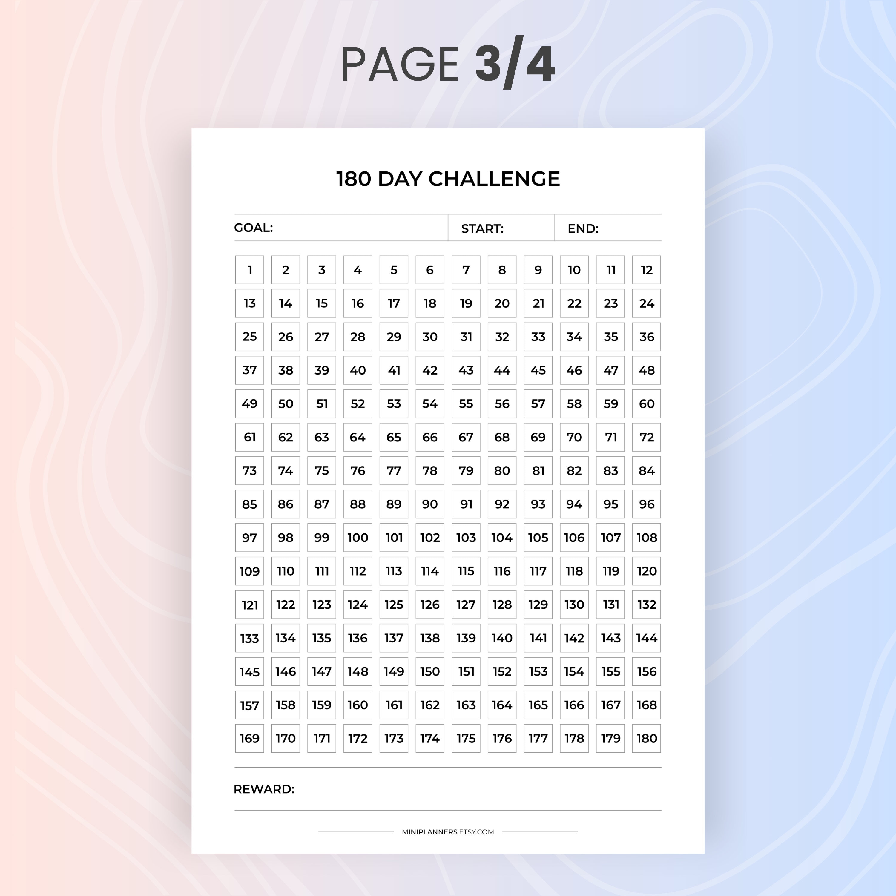 Printable 180 Day Challenge Template With Rewards, Fitness Challenge, Workout Tracker ...