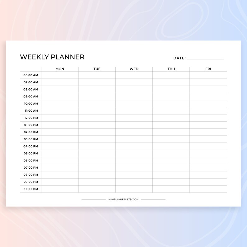 Hourly Weekly Planner Printable 6AM 10PM 5 Day Weekly - Etsy