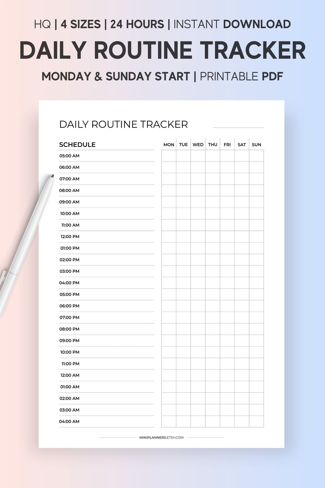 Daily Routine Tracker Printable, 24 Hour Day Planner, 24h Hourly Daily ...