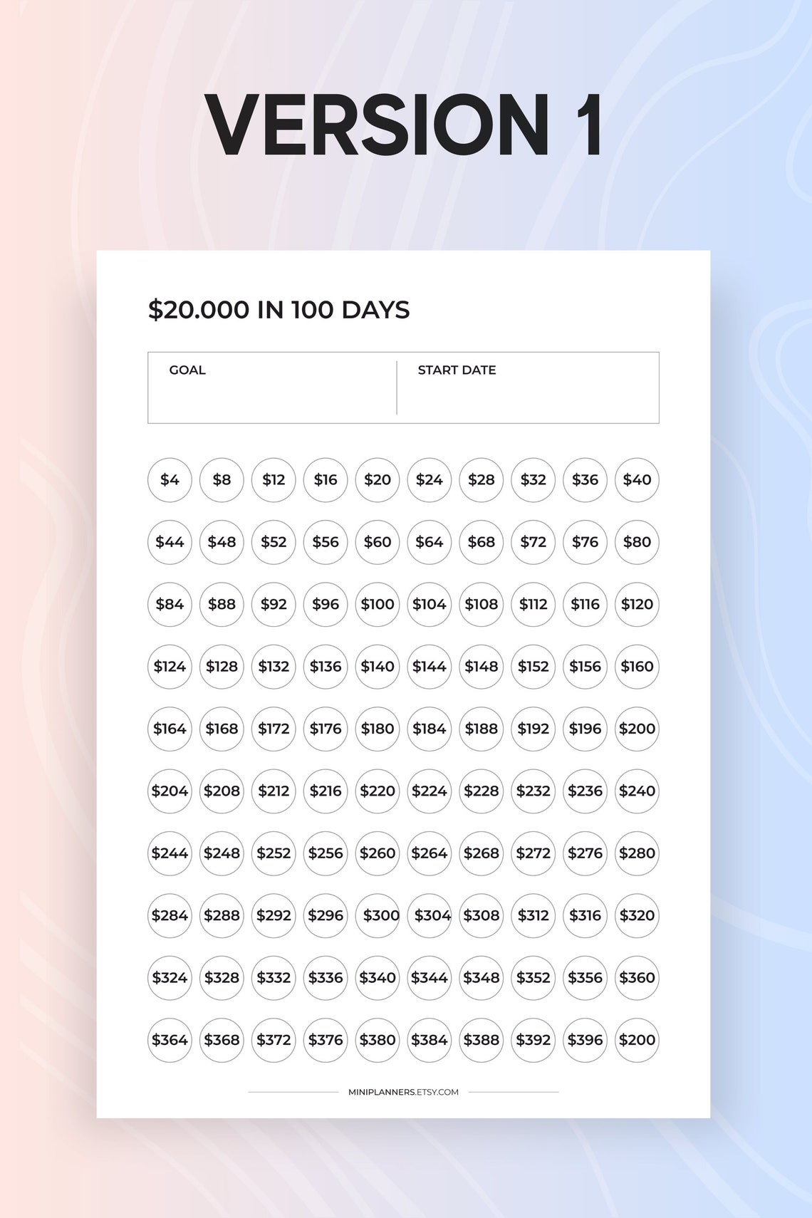 20000 Savings Challenge Printable, 20k in 100 Days, 100 Day Money Goal ...