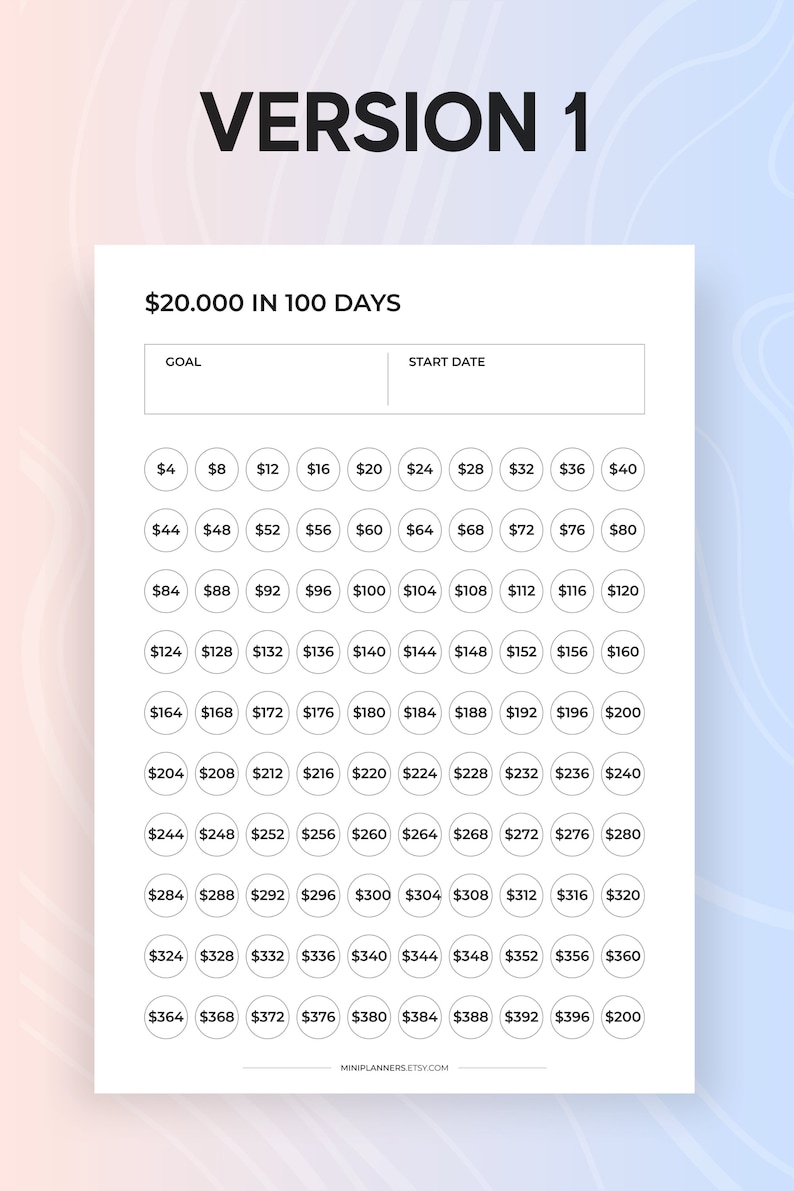 20000 Savings Challenge Printable, 20k in 100 Days, 100 Day Money Goal ...