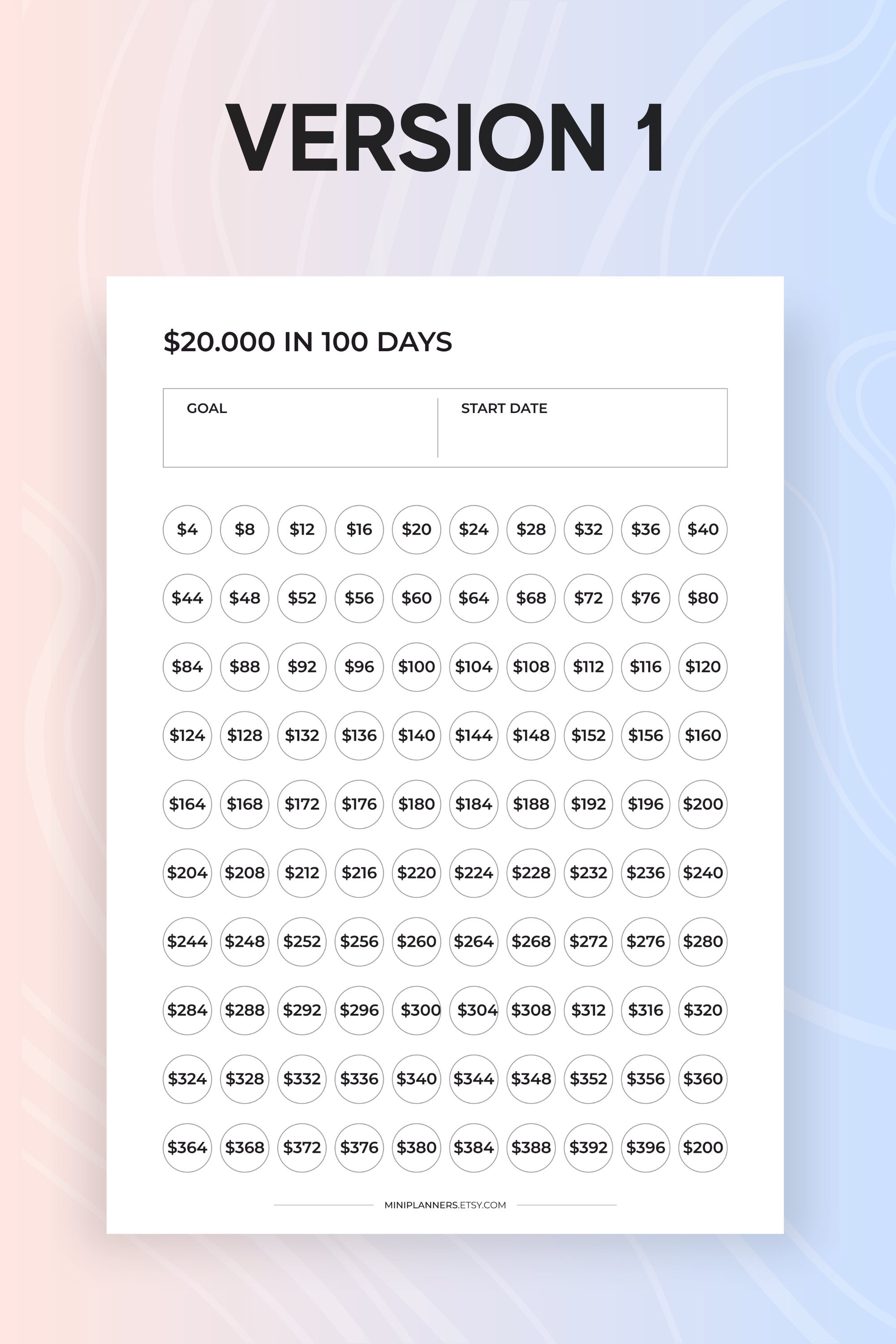 20000 Savings Challenge Printable, 20k in 100 Days, 100 Day Money Goal ...