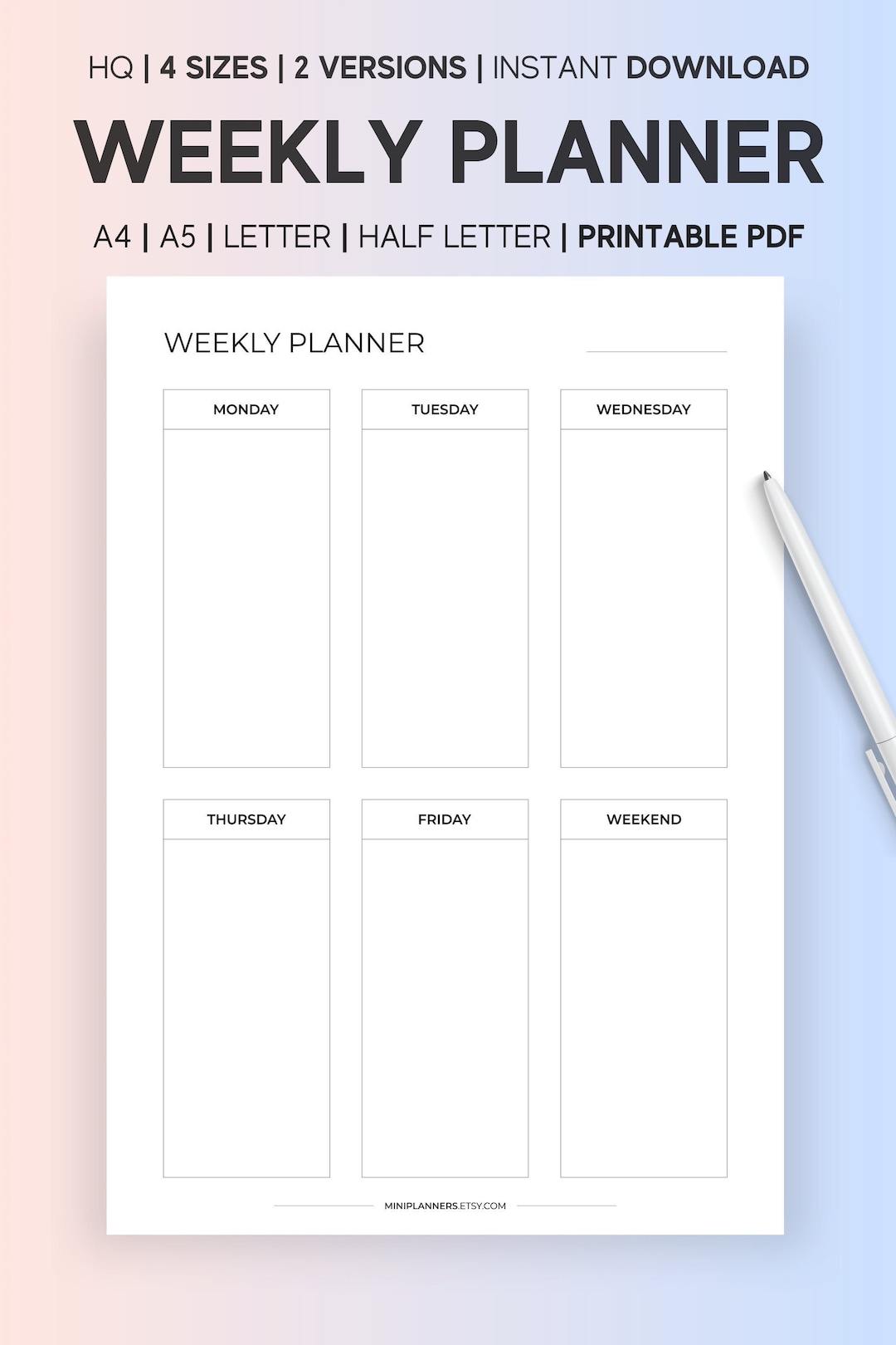 Minimalistic Weekly Planner, Printable Vertical Blank Planner, 5 Day ...