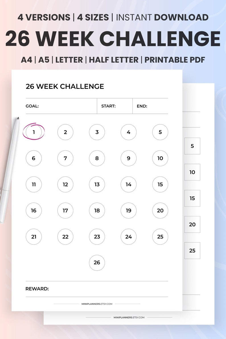 26 Week Challenge Printable: Half Year Goal Tracker (a4/a5/letter) (PDF ...