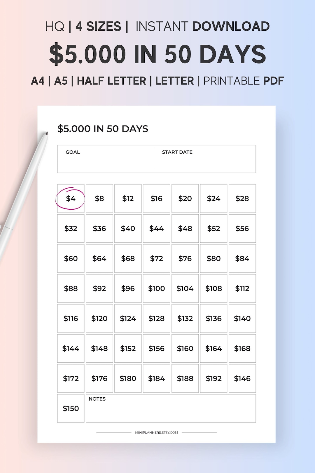 5000 in 50 Days, 5k Savings Challenge, 5000 Savings Challenge, 5.000 ...