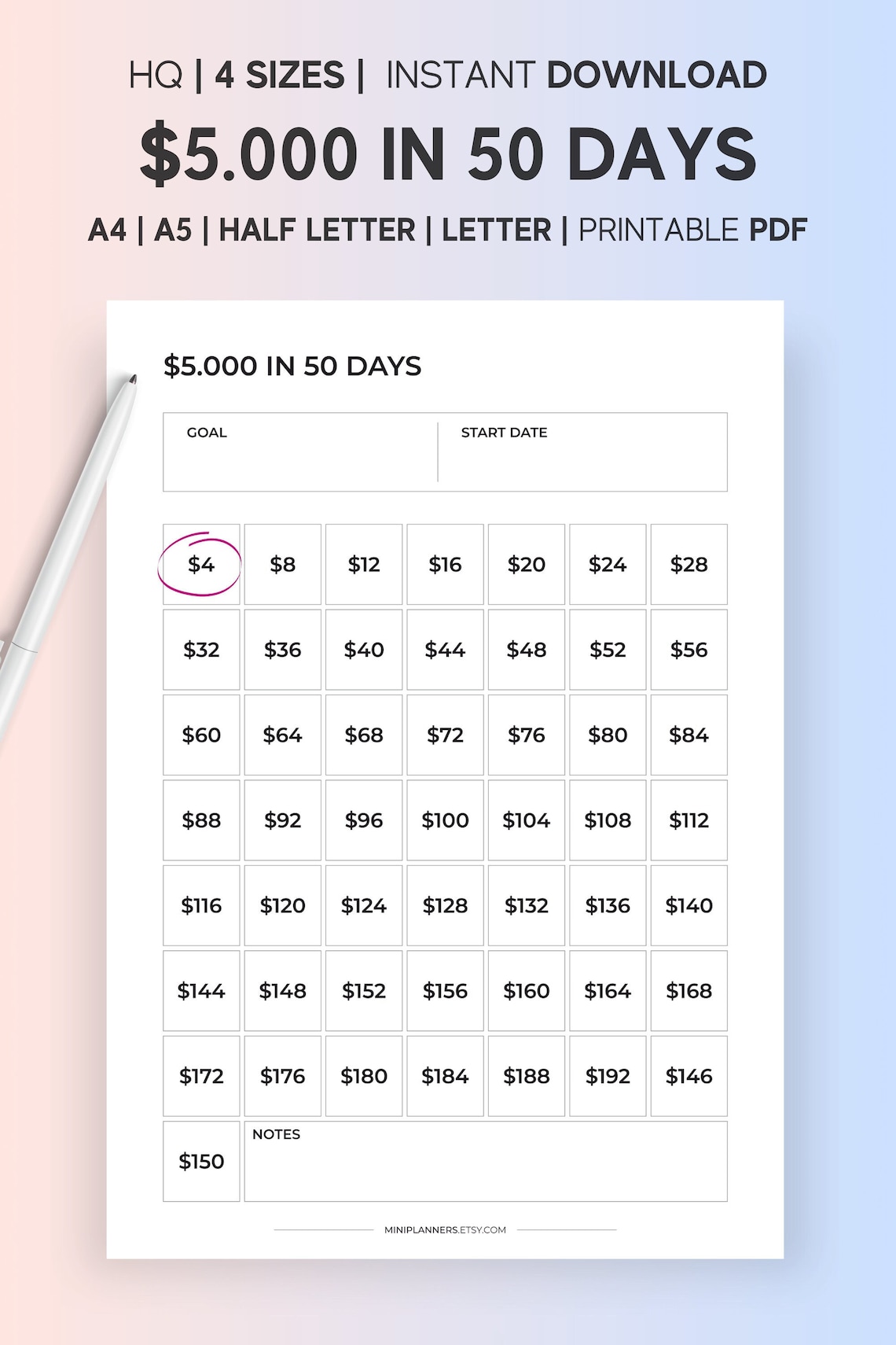 5000 in 50 Days, 5k Savings Challenge, 5000 Savings Challenge, 5.000 ...