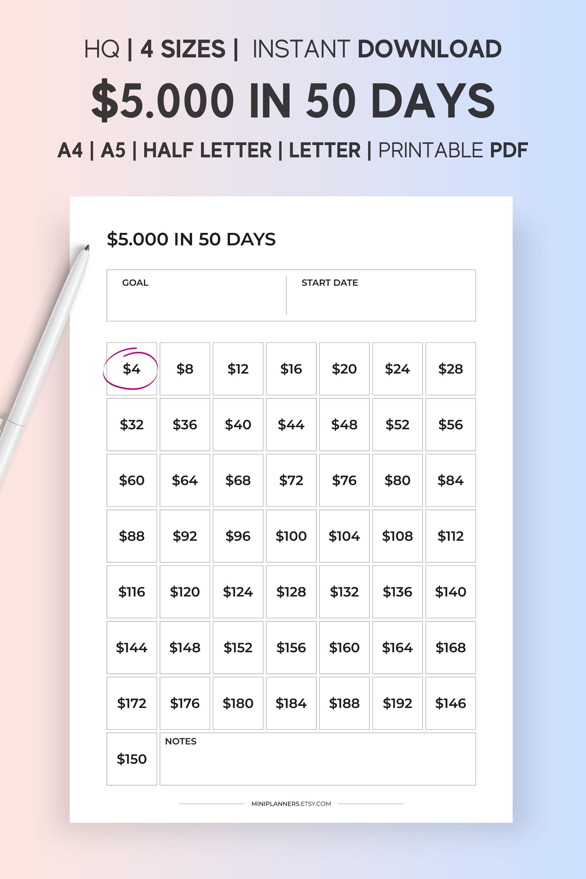 5000 in 50 Days, 5k Savings Challenge, 5000 Savings Challenge, 5.000 Challenge, 50 Day Money ...