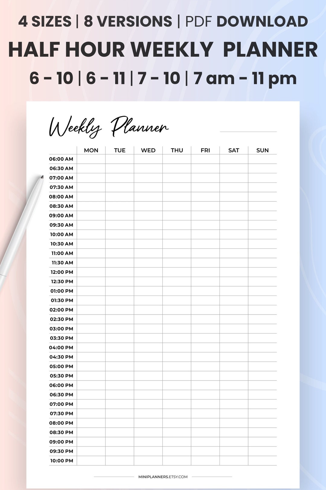 Half Hour Weekly Schedule Printable, Monday & Sunday Start Half Hourly ...