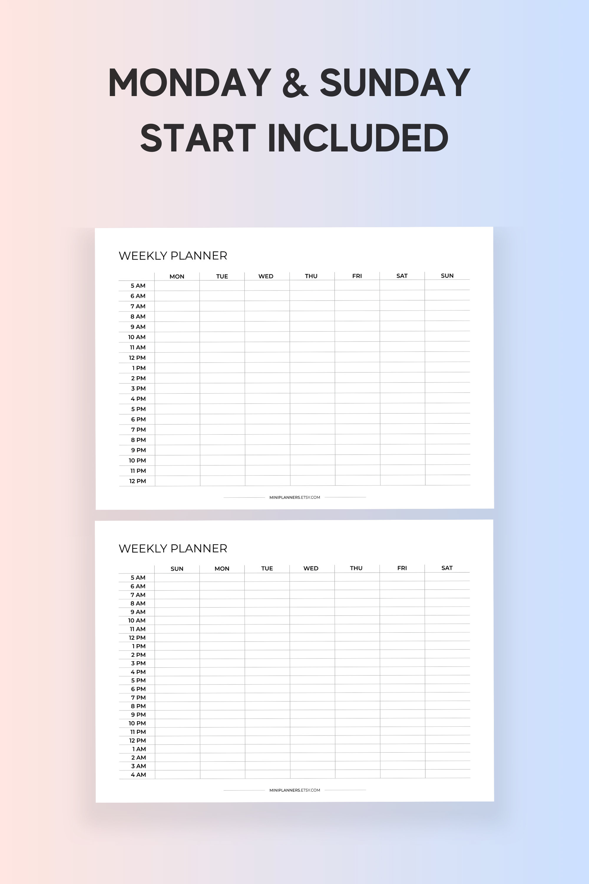 Horizontal Weekly Planner Printable, Weekly Planner by Hour, Hourly ...