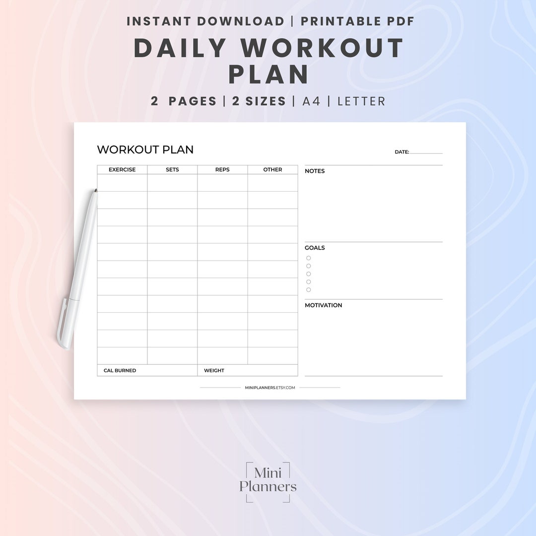 Printable Daily Workout Planner, A4 Simple Exercise Plan Template ...