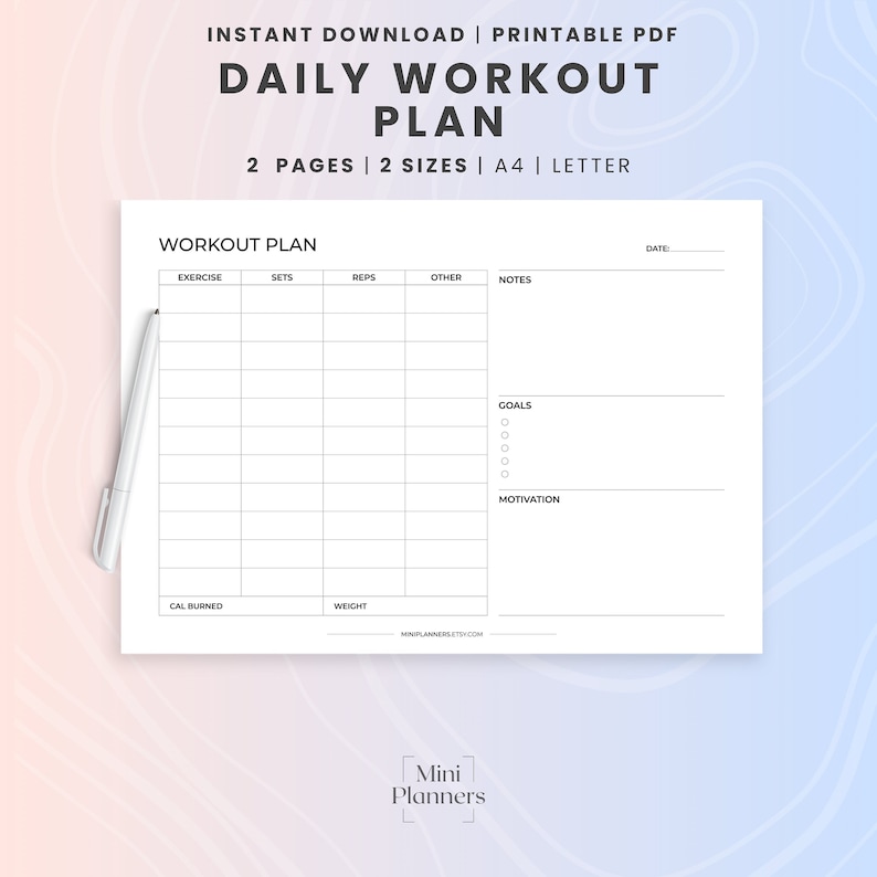 Printable Daily Workout Planner, A4 Simple Exercise Plan Template ...