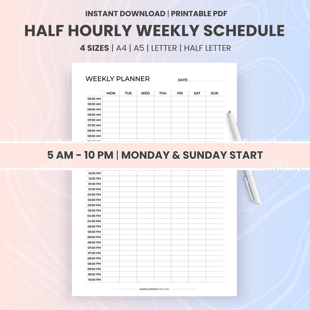 Half Hourly Weekly Schedule Printable, 5AM - 10PM Schedule, Half Hour ...