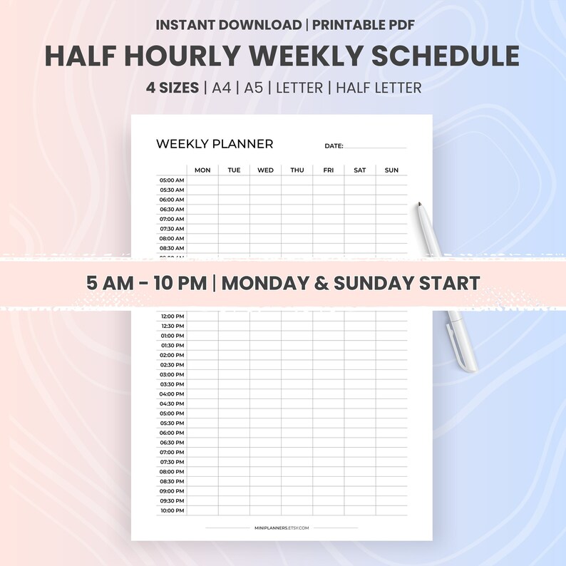 Half Hourly Weekly Schedule Printable: 5AM-10PM Organizer (PDF) - Etsy
