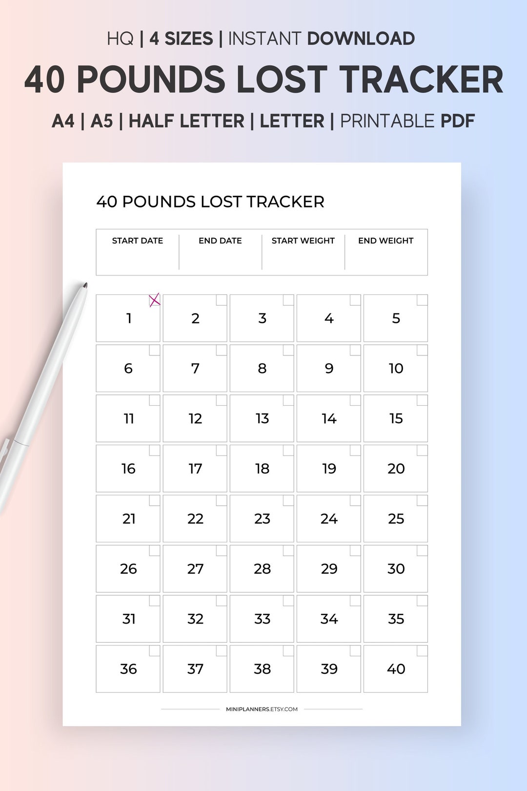 40 Pounds Lost Tracker Printable, 40 Lbs Weight Loss Challenge ...