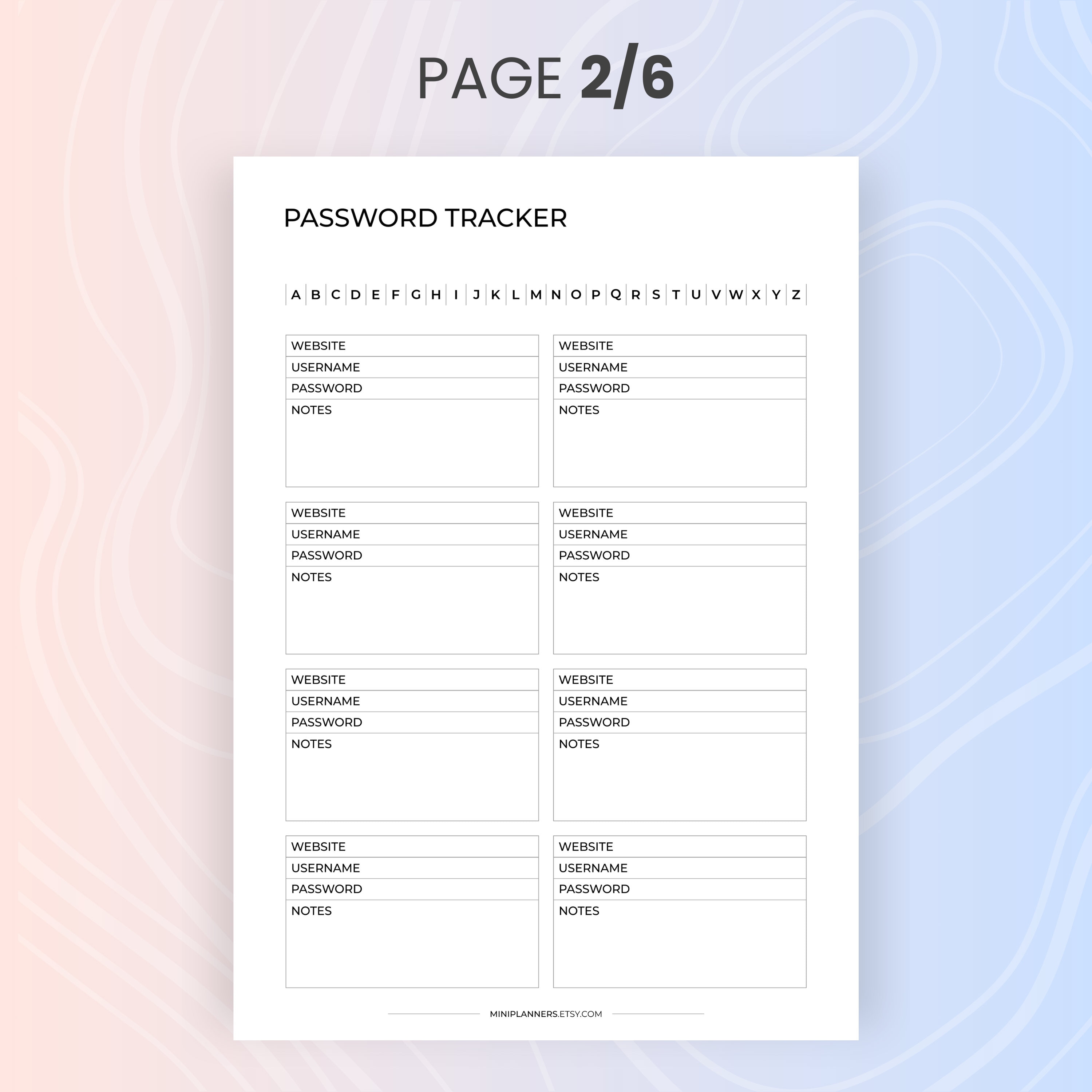 Password Tracker Printable Template, Alphabetical Order Password ...