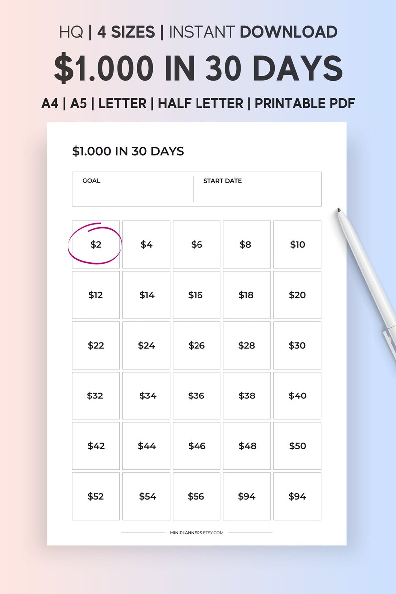 1000 Dollar Savings Challenge Printable, 1.000 in 30 Days, 1k Monthly ...