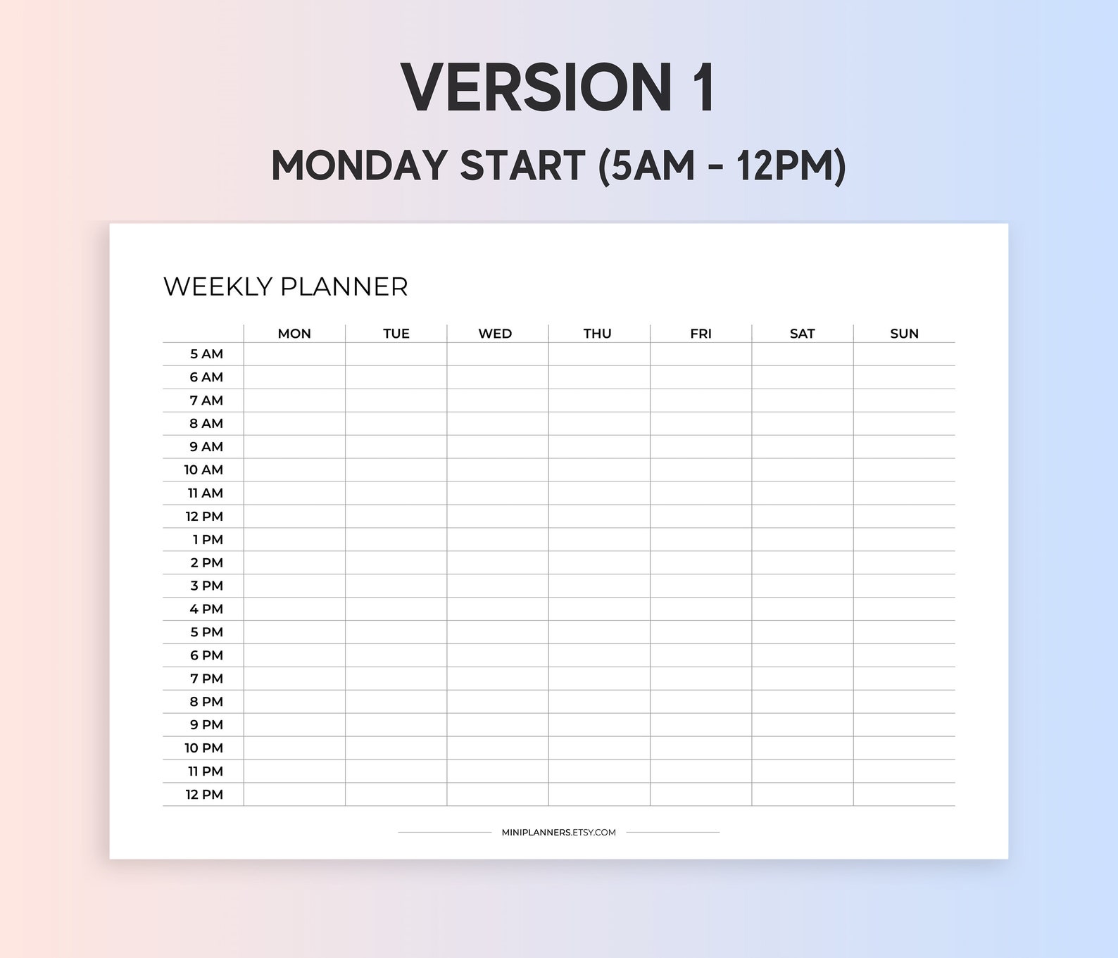 Horizontal Weekly Planner Printable, Weekly Planner by Hour, Hourly ...