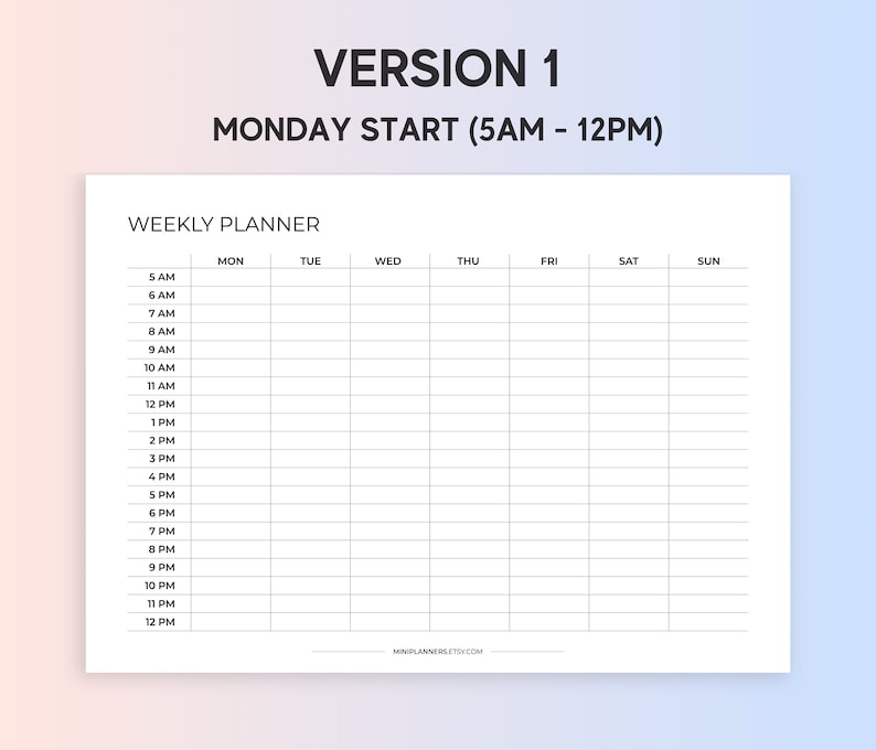 Horizontal Weekly Planner Printable, Weekly Planner by Hour, Hourly ...