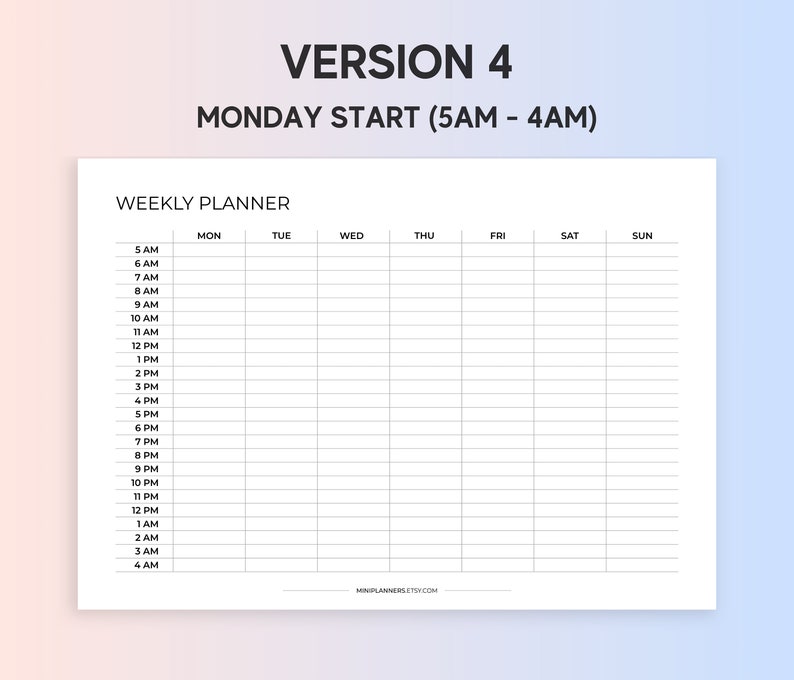 Horizontal Weekly Planner Printable, Weekly Planner by Hour, Hourly ...