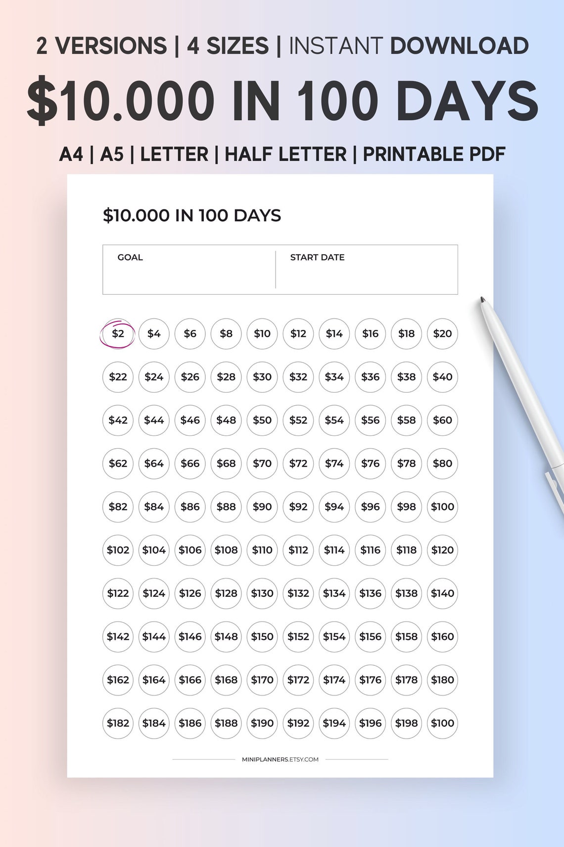 10000 Savings Challenge, 10,000 Challenge, 10k Dollar in 100 Days Money ...