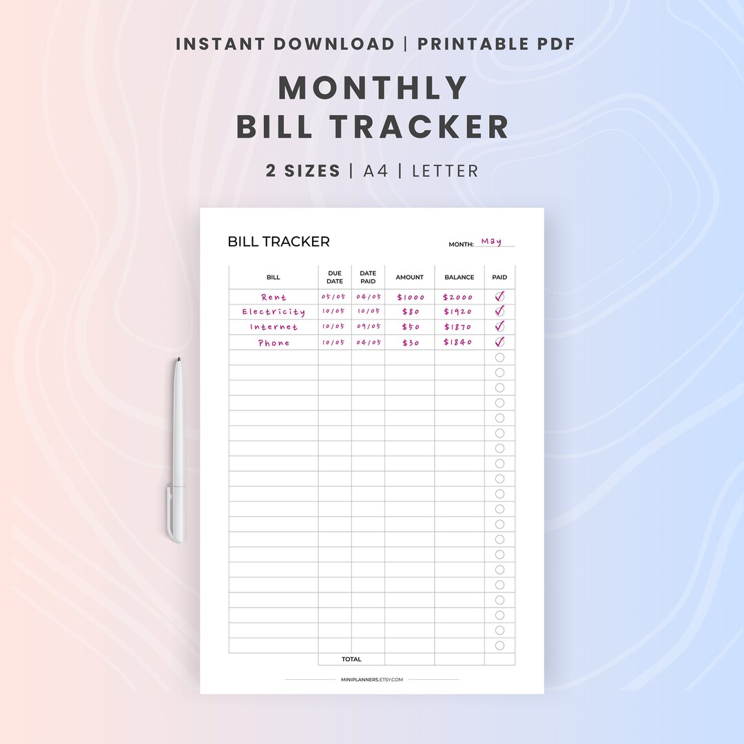 Monthly Bill Tracker, Printable Bill Organizer Template, Utility Bill ...