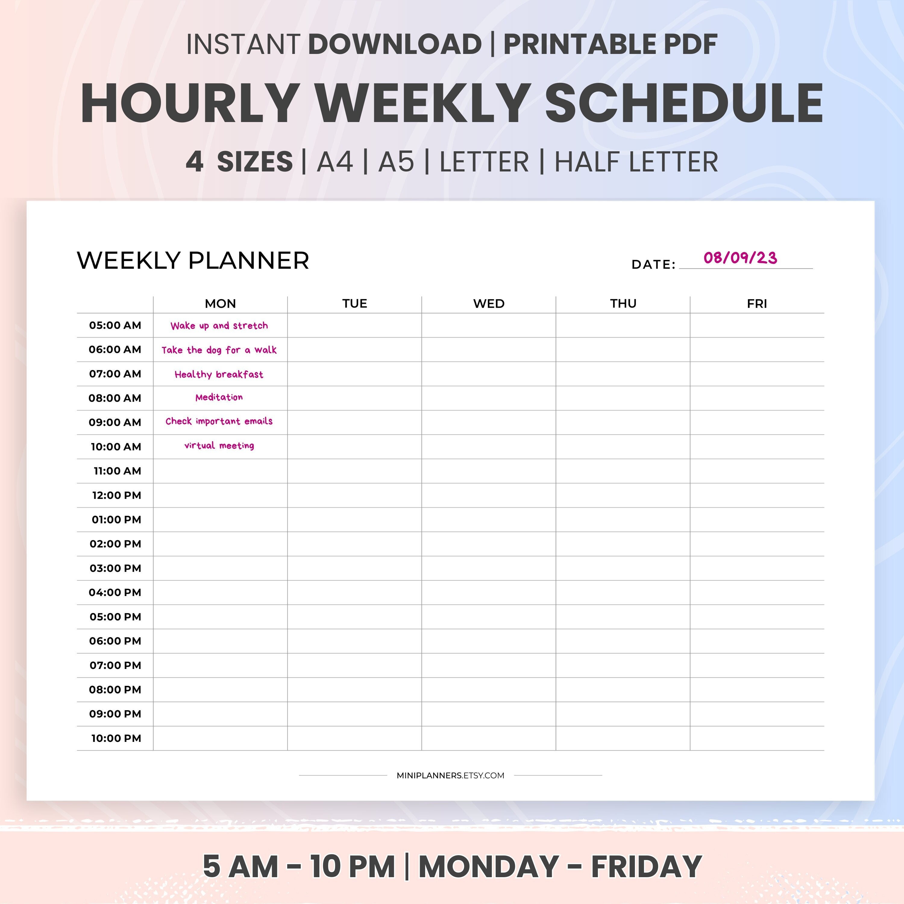 Hourly Weekly Planner Printable: 5AM-10PM, 5-day Week (PDF Pattern) - Etsy