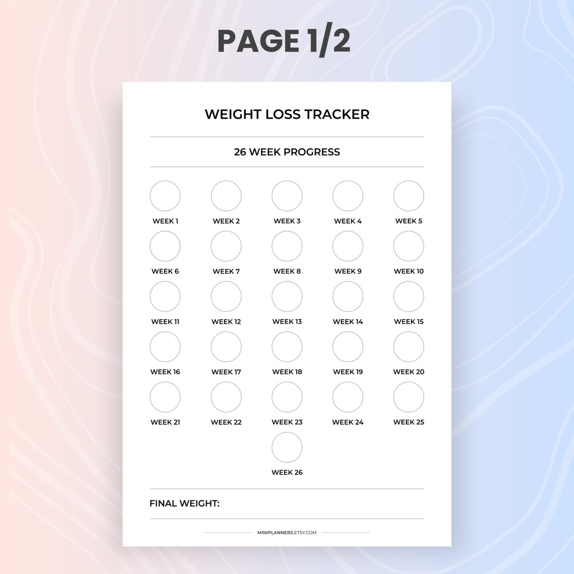 Printable Weekly Weight Loss Tracker, 26 Week Weightloss Progress Chart ...