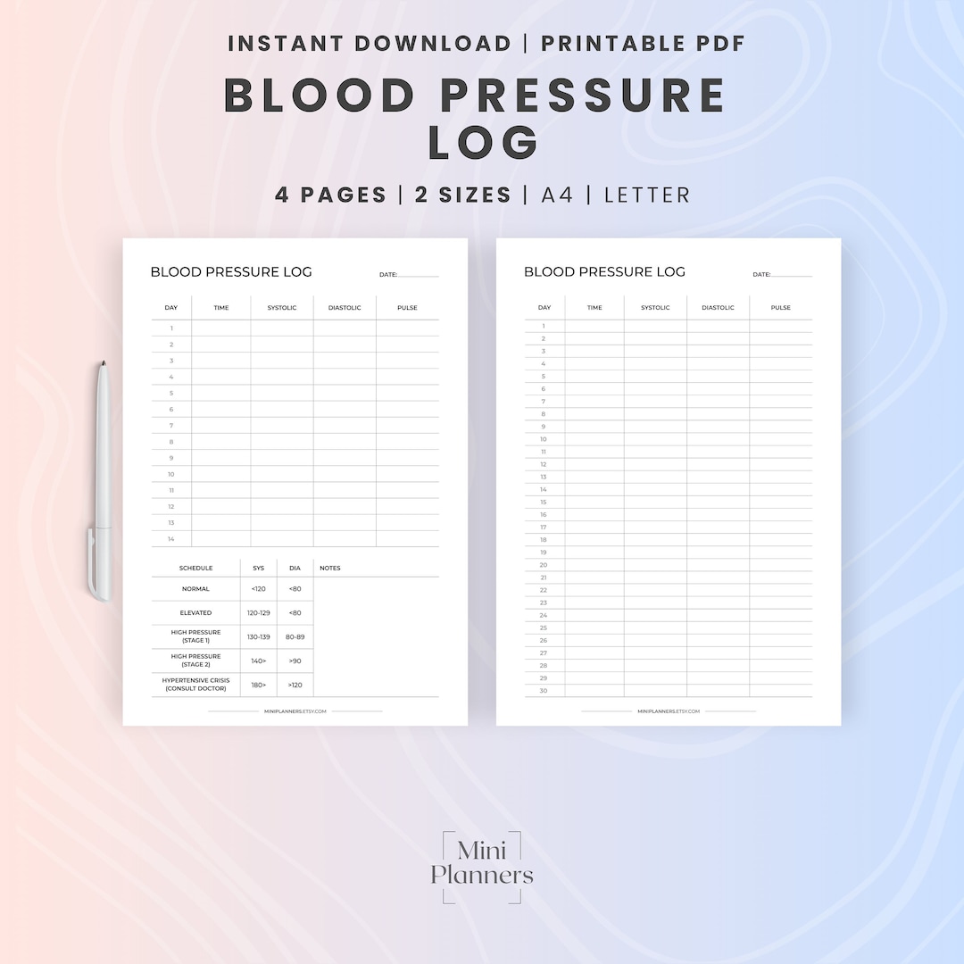 Blood Pressure Log Template, Printable BP Range Table, Blood Pressure ...