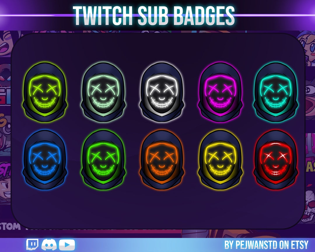 Twitch Sub Badges or Bit Badges Neon Mask | Neon Mask Sub Badges | Neon ...