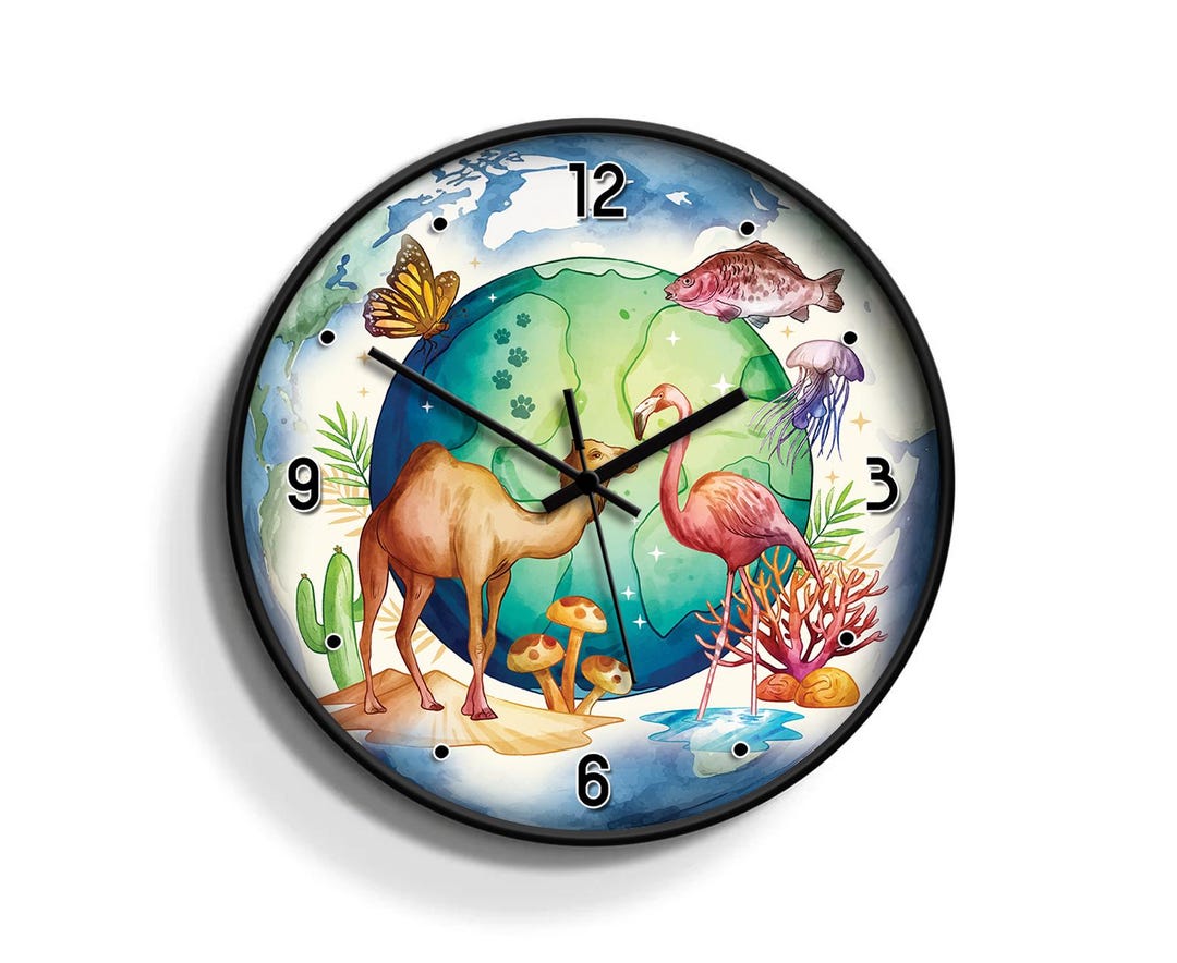 Planet Earth and Animals - Unique Wall Clock Great for Home Decor Wall ...