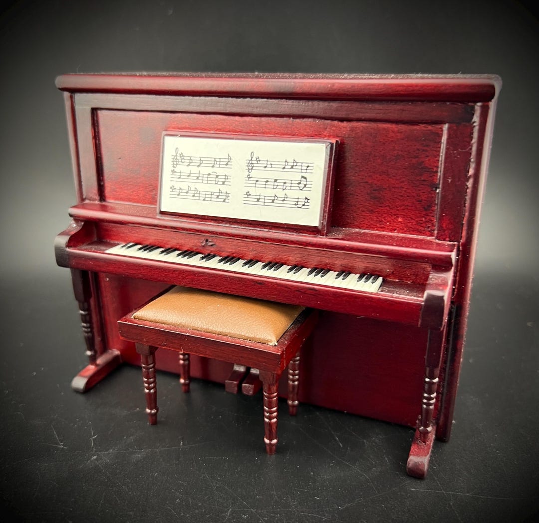 Gorgeous Wood Upright Piano With Seat and Music Box. Dollhouse Scale 1: ...