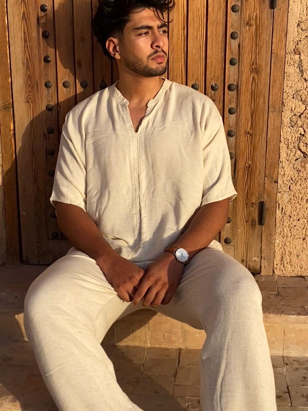 Men's Linen Ensemble Simple - Premium Flax Tunic Shirt Pants - Organic ...