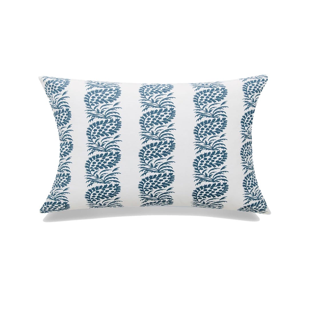 White With Navy Blue Block Print and Feather Down Insert Pillow - Etsy