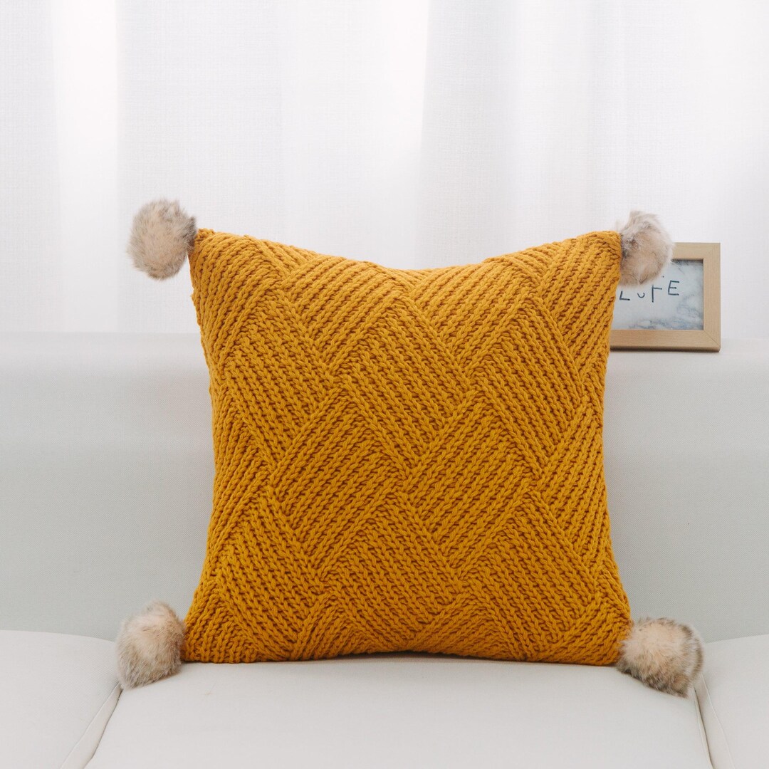 Gold Machine Knit With Pom Poms and Feather Down Insert Pillow - Etsy