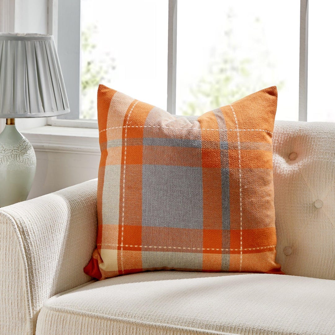 Manhattan Orange and Gray Check With Feather Down Insert Pillow - Etsy
