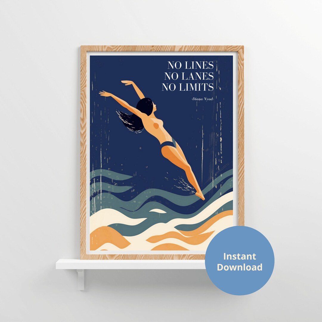Digital Download Swimming Poster Woman Diving Into the Ocean Wild ...