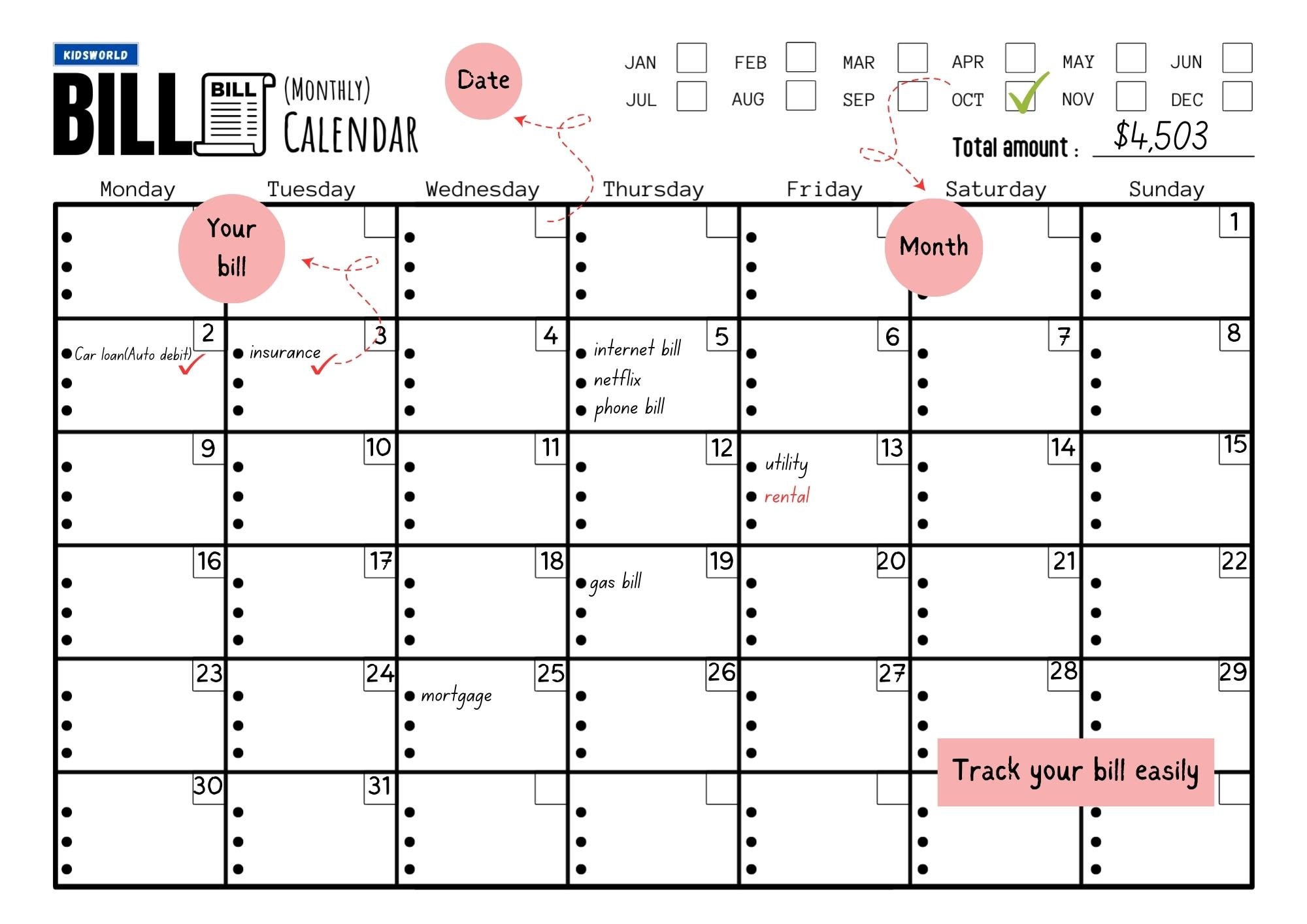 Bill Payments Calendar Personal Finance Organizing Printables ...